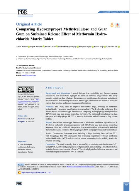 Pdf Original Article Comparing Hydroxypropyl Methylcellulose And Guar Gum On Sustained Release