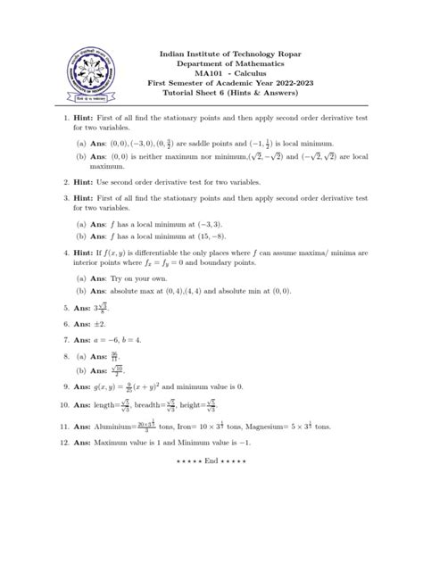 Tutorial Sheet 6 Answer Pdf