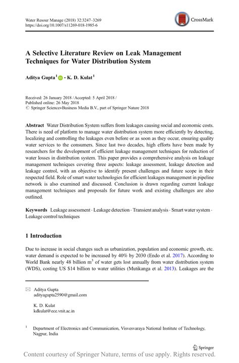 A Selective Literature Review On Leak Management Techniques For Water Distribution System