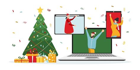 메리 크리스마스와 새해 복 많은 새해를 기원하는 사람들은 2022 년 화상 통화 또는 웹 컨퍼런스를 통해 휴일을 축하하고 선물을 제공합니다 검역 온라인 파티 벡터 그림입니다