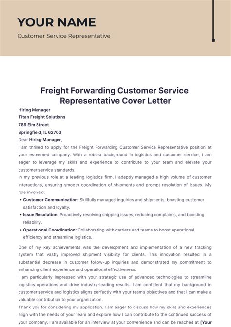 Free Freight Forwarding Customer Service Representative Cover Letter