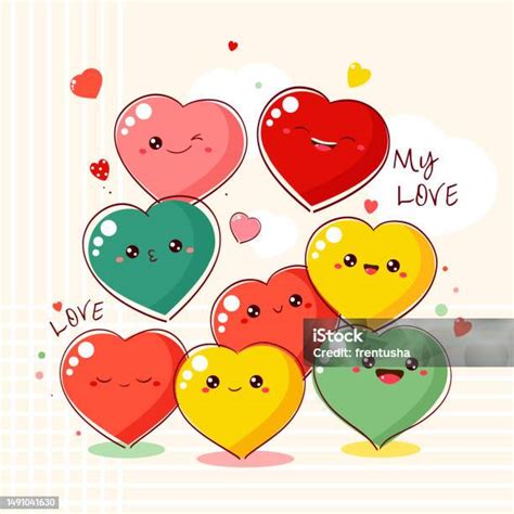 카와이 스타일의 귀여운 발렌타인 카드 이모티콘 얼굴을 가진 많은 귀여운 재미있는 마음 비문 내 사랑 티셔츠 인쇄 스티커 인사말 카드 디자인에 사용할 수 있습니다 T 셔츠에