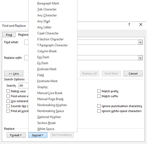 Replacing Special Characters Microsoft Word 2016