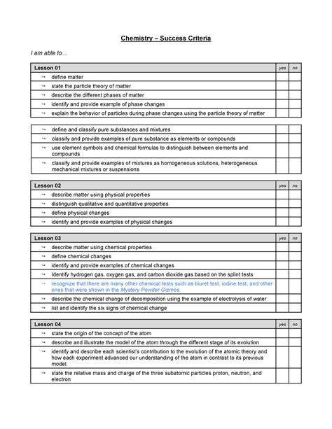 Snc1w Review For Chemistry Unit Test Chemistry Success Criteria I