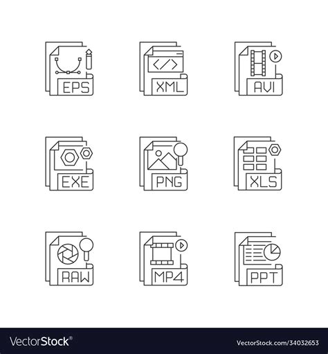 File Formats Pixel Perfect Linear Icons Set Vector Image