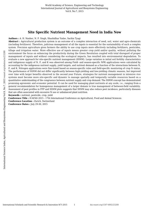 Pdf Site Specific Nutrient Management Need In India Now