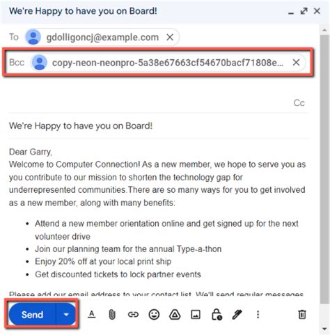 using your bcc email address and external email forwarding address