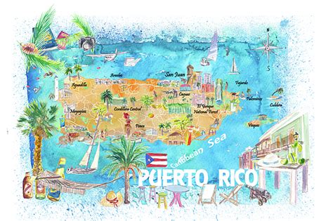 Puerto Rico Islands Illustrated Travel Map With Roads And Highlights