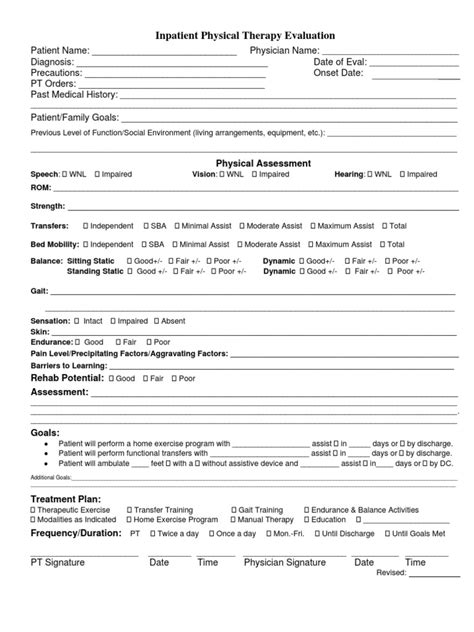 Inpatient Physical Therapy Evaluation Form Pdf Physical Therapy