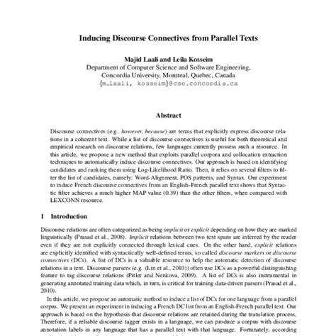 Inducing Discourse Connectives From Parallel Texts Acl Anthology