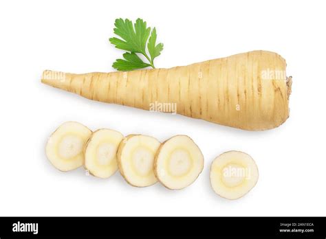 Parsnip Root And Slices With Parsley Isolated On White Background With Clipping Path Top View