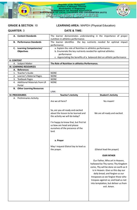 PE Detailed Lesson PLAN GRADE SECTION LEARNING AREA MAPEH