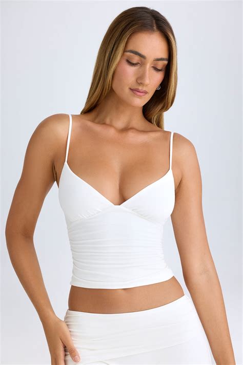 Elma Modal V Neck Ruched Camisole Top In White Oh Polly