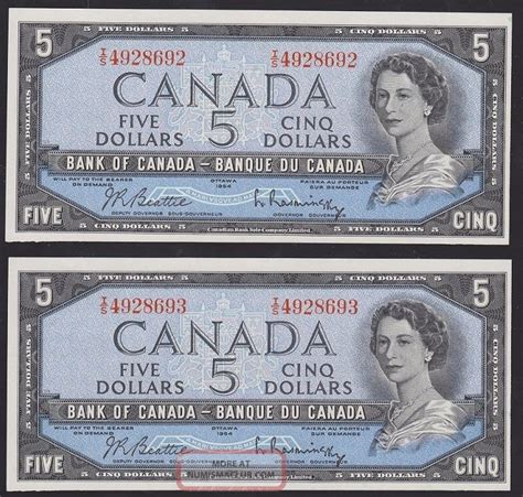 1954 Modified Bank Of Canada Five Dollar 5 Banknote Scarce Ch Unc