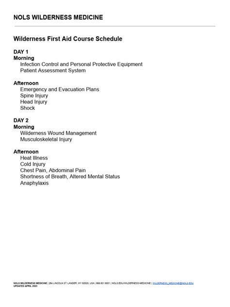 Nols Wilderness First Aid Course Schedule Revised April 2023 Pdf