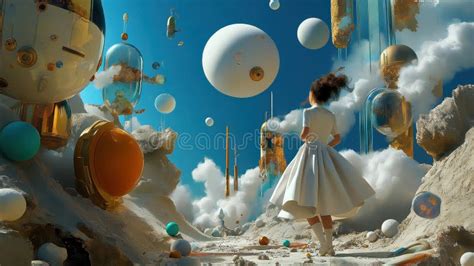 Surreal Retrofuturistic Landscape With Floating Spheres And Girl Stock