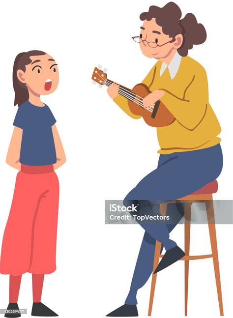 할머니 재생 우쿨렐레와 그녀의 손녀 노래 조부모는 손자 만화 스타일 벡터 일러스트와 함께 좋은 시간을 보내고 가족에 대한 스톡 벡터 아트 및 기타 이미지 Istock