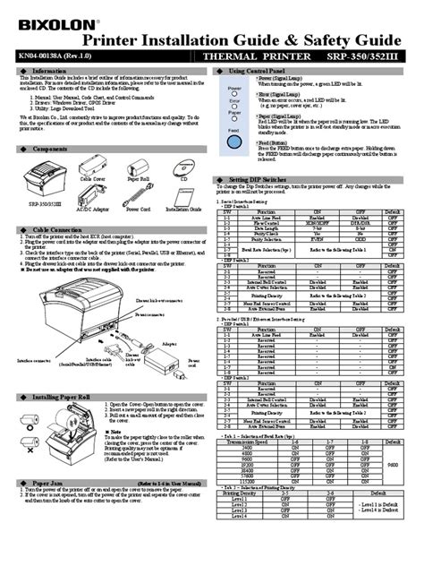 Printer Installation Guide And Safety Guide Thermal Printer Srp 350