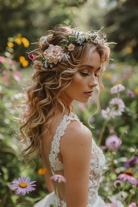 Cascading Curls Paired With A Flower Crown Create A Dreamy And Romantic