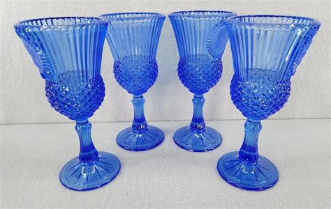 Cobalt Blue Glass Goblets With Cameo Design Set Of 4 Vintage 8” Tall