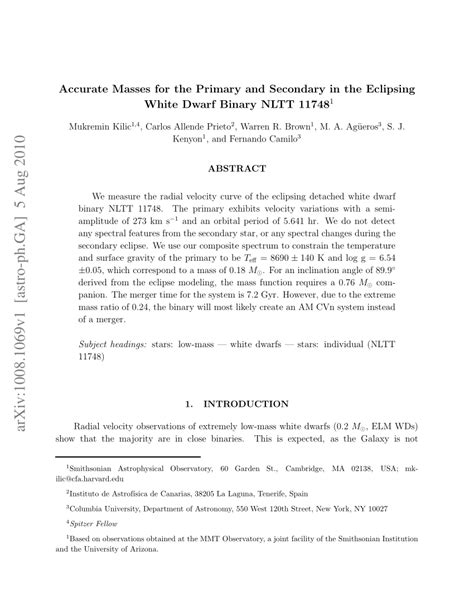 Pdf Accurate Masses For The Primary And Secondary In The Eclipsing White Dwarf Binary Nltt 11748