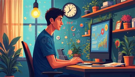 Focused Young Man Analyzing Data On A Computer In A Cozy Plant Filled Workspace Stock Image
