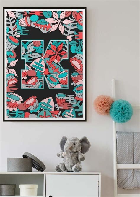 Single Pattern Leafy Letter Personalised Initial Teal Print Inkanddrop