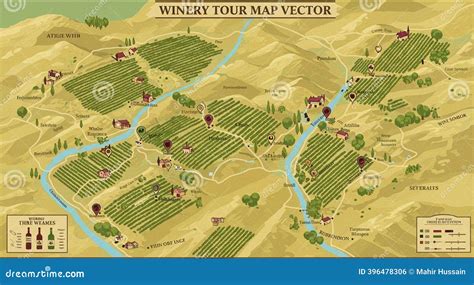 Winery Tour Map Illustration Featuring A Stylized Layout Of Vineyards And Wineries Key