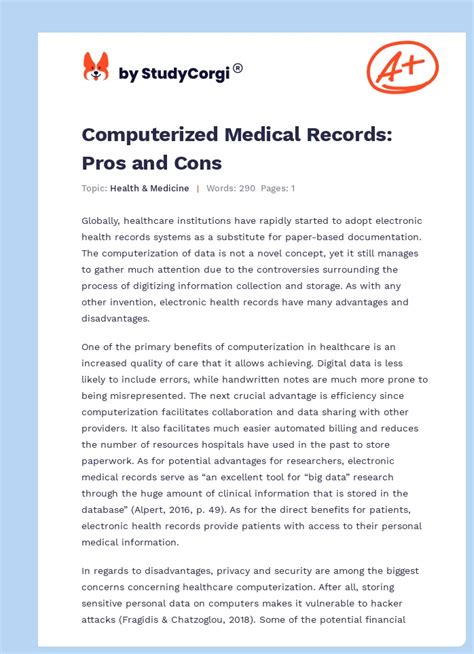 Computerized Medical Records Pros And Cons Free Essay Example