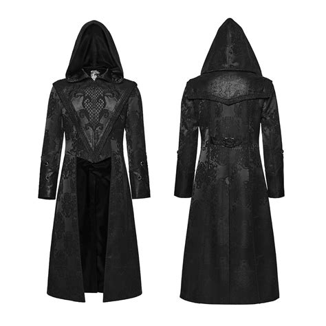 Black Hooded Gothic Jacquard Tailcoat For Men