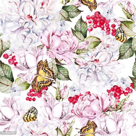 장미와 모란 빨간 건포도 나비와 아름 다운 수채화 원활한 패턴입니다 계절에 대한 스톡 벡터 아트 및 기타 이미지 계절 꽃 나무 꽃 식물 Istock