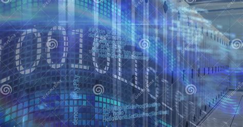 Image Of World Map Binary Coding And Data Processing Over Empty Computer Server Room Stock