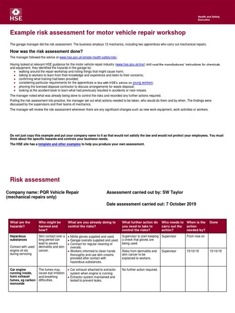 Example Risk Assessment For Motor Vehicle Repair Workshop Pdf Risk Assessment Risk