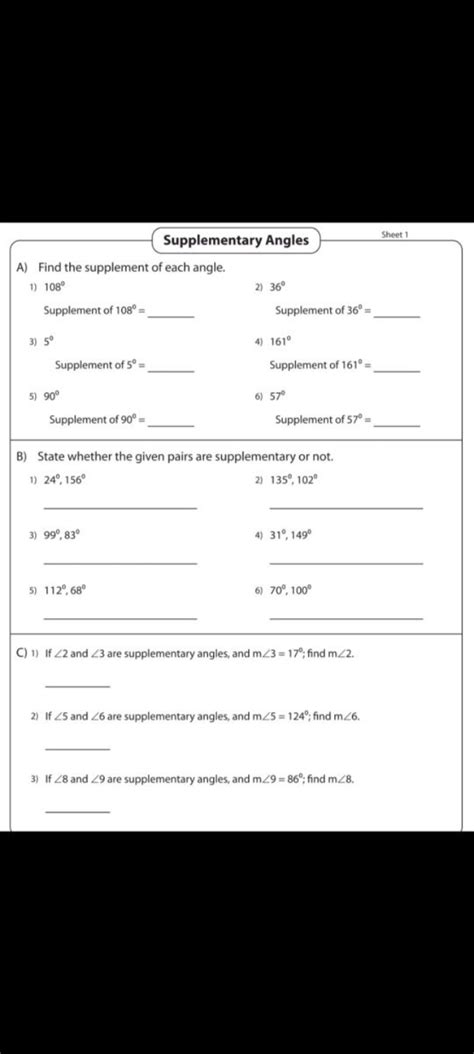 Supplementary Anglessheet 1a Find The Supplement Of Each Angle 1 108