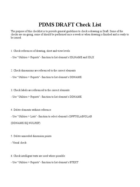 pdms draft check list pdf