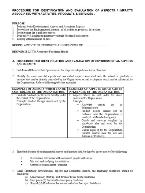 Aspect Impact Evaluation Procedure Environmental Impact Assessment