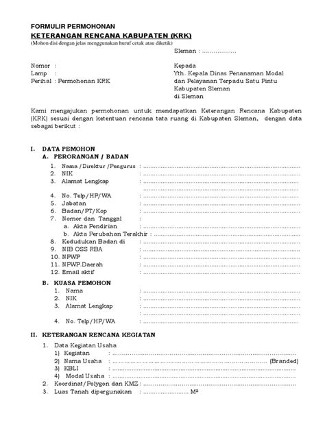 Formulir Permohonan Keterangan Rencana Kabupaten Krk I Data Pemohon A Perorangan Badan Pdf