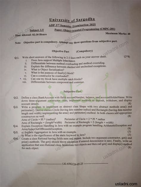 Bsit Object Oriented Programming Uos 2025 Past Papers Notes And
