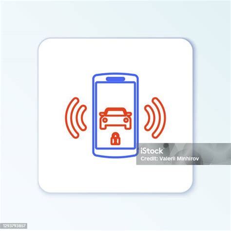 흰색 배경에 격리 라인 스마트 자동차 경보 시스템 아이콘 스마트폰은 무선으로 차량 보안을 제어합니다 다채로운 개요 개념 벡터 감지기에 대한 스톡 벡터 아트 및 기타 이미지