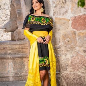 Mexican Sunflower Dress Floral Embroidered Dress Mexican Artisanal