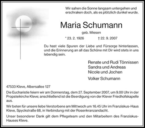 Traueranzeigen Von Maria Schumann Trauer In Nrw De
