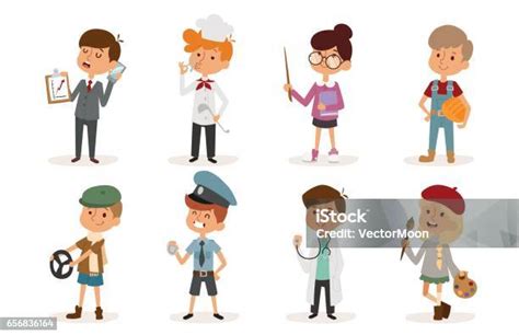 만화 직업 아이 어린이 벡터 일러스트 사람 어린 시절 화가 스포츠맨 요리사 빌더 경찰관 의사 아티스트 드라이버 사업가 설정 개념에 대한 스톡 벡터 아트 및 기타 이미지