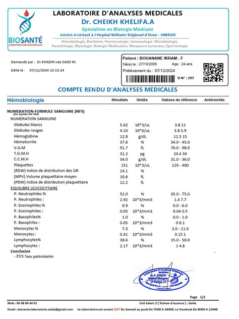 Résultats Danalyses Médicales Pdf Hématologie Spécialités Médicales