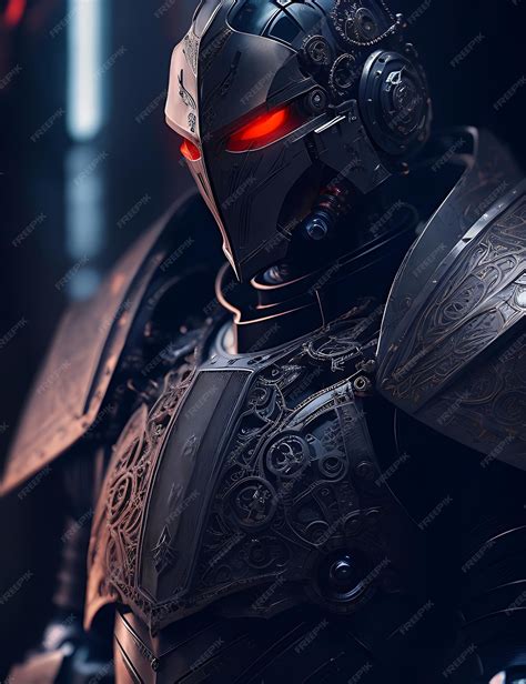 Premium Ai Image Closeup Of A Robotic Knight In Armor On A Dark Background