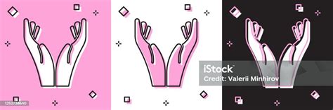 분홍색과 흰색 검은 색 배경에 고립 된기도 위치 아이콘에 손을 설정합니다 신앙과 소망으로 하나님께 기도하십시오 벡터 일러스트레이션 개념에 대한 스톡 벡터 아트 및 기타