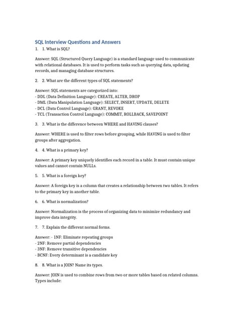 Sql Interview Questions Pdf Database Index Sql