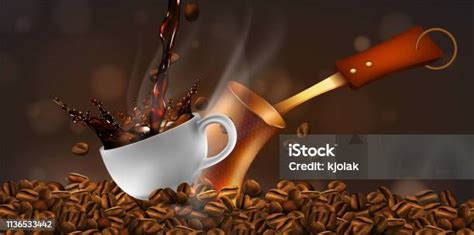 커피 원두와 투명 효과와 커피를 찜 한 잔 3d 벡터입니다 높은 상세한 현실적인 그림 갈색에 대한 스톡 벡터 아트 및 기타