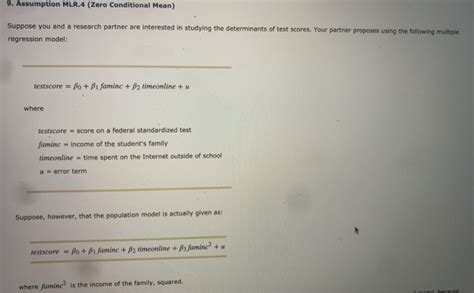 solved 9 assumption mlr 4 zero conditional mean suppose