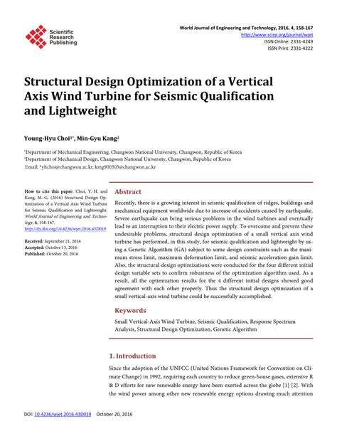 Pdf Structural Design Optimization Of A Vertical Axis Wind Turbine For Seismic Qualification