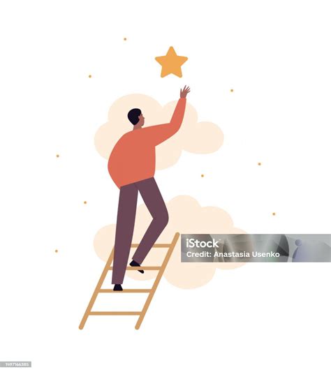 비즈니스 개념 수집을 위한 소프트 스킬 벡터 플랫 캐릭터 그림입니다 결단력과 끈기 남자는 사다리 위에 서서 하늘에서 별을 가져온다 기업 교육 비즈니스를 위한 디자인 사다리에